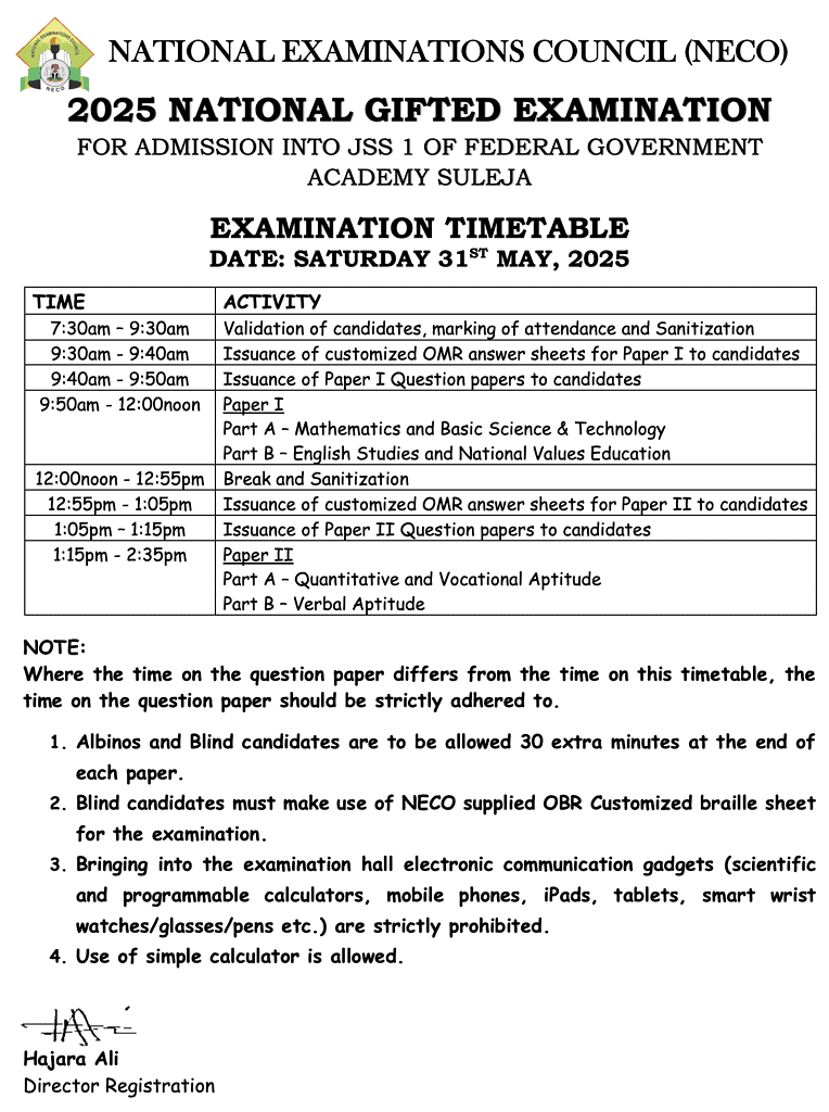 FGA Suleja (GIFTED) Examination Timetable 2025