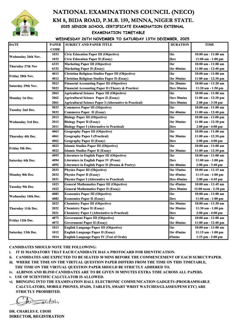NECO GCE Timetable for 2025 SSCE External Candidates