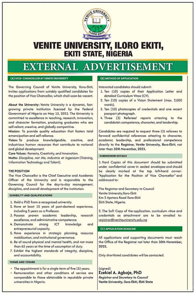 Venite University Vice-Chancellor Job 2025