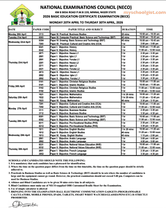 NECO BECE Timetable 2026 | Junior WAEC Dates